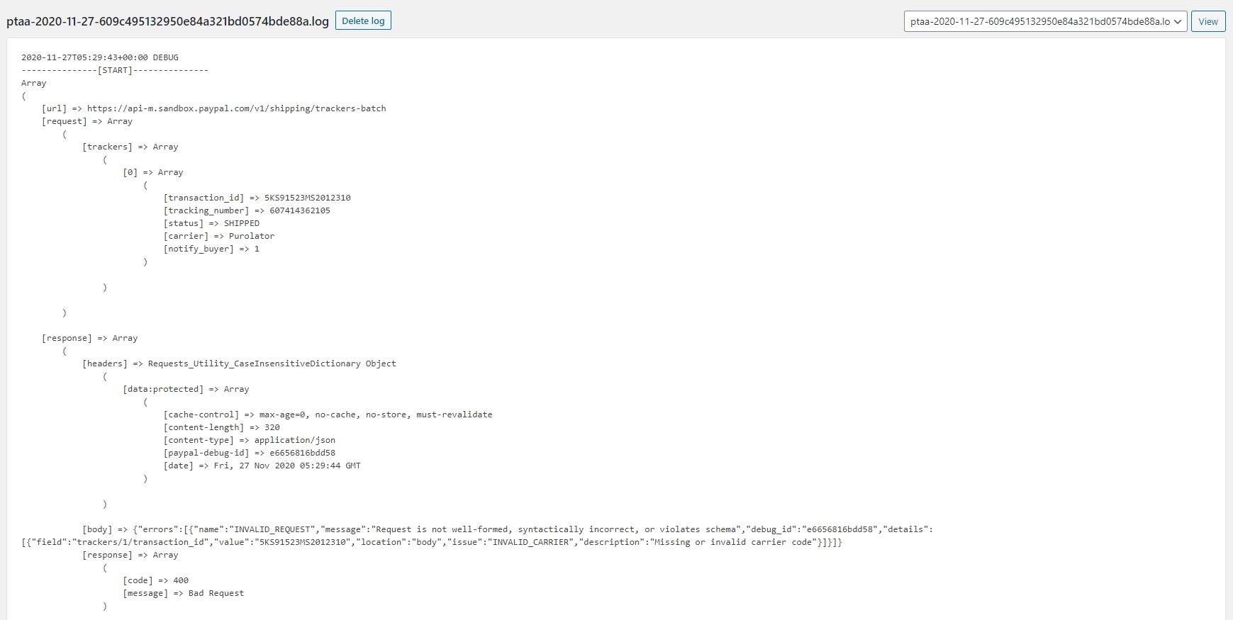 How to view the PayPal tracking error logs - zorem Docs