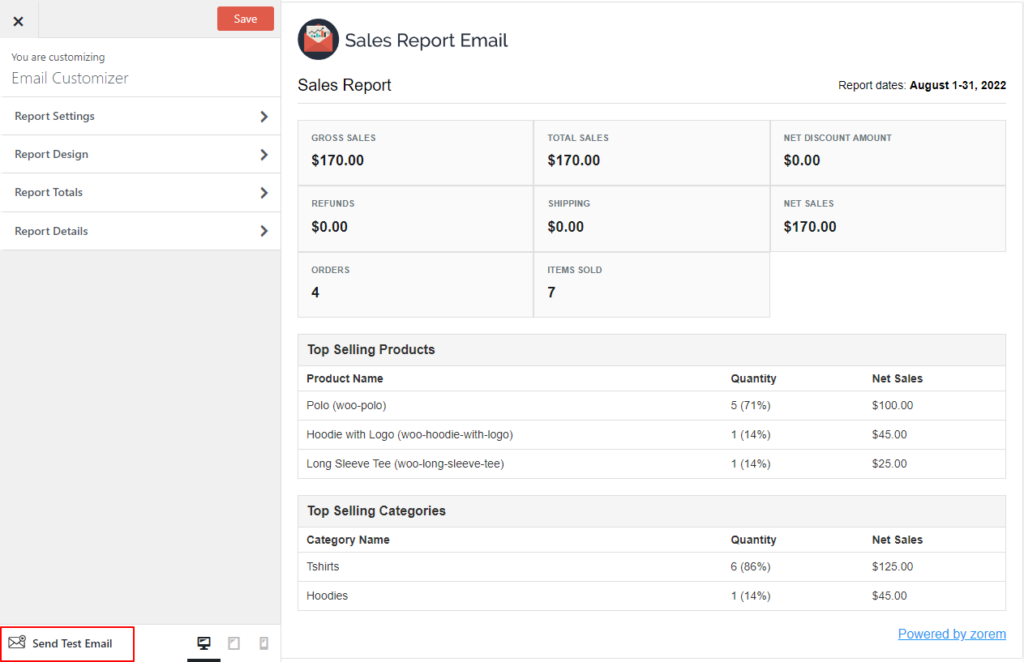 Send Test Report - zorem Docs