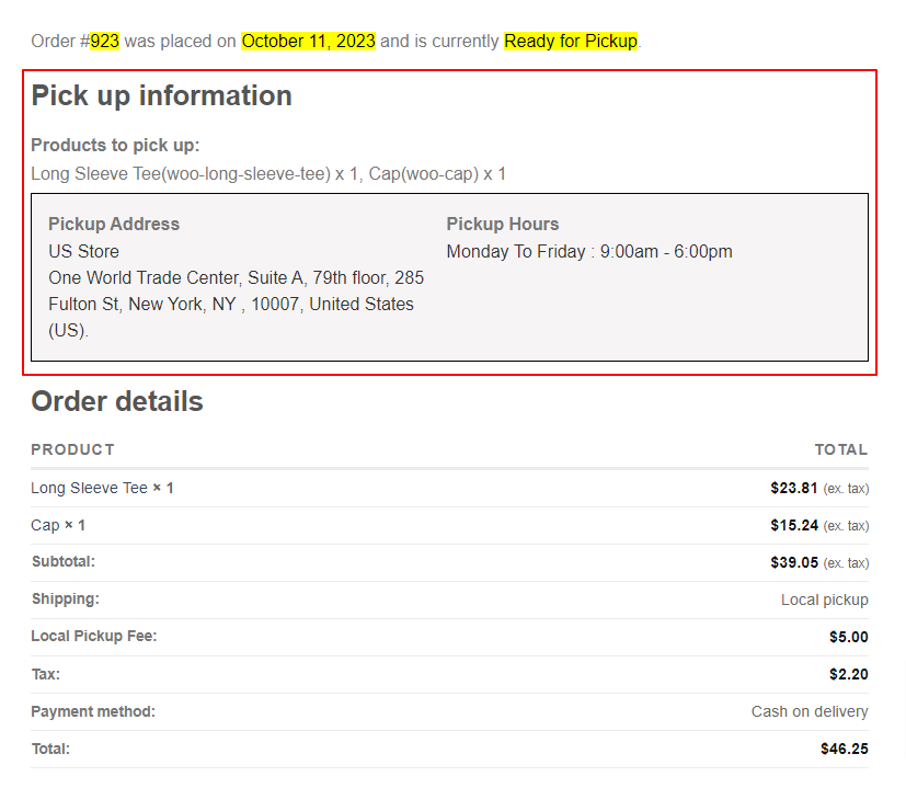 Display Pickup Information - zorem Docs